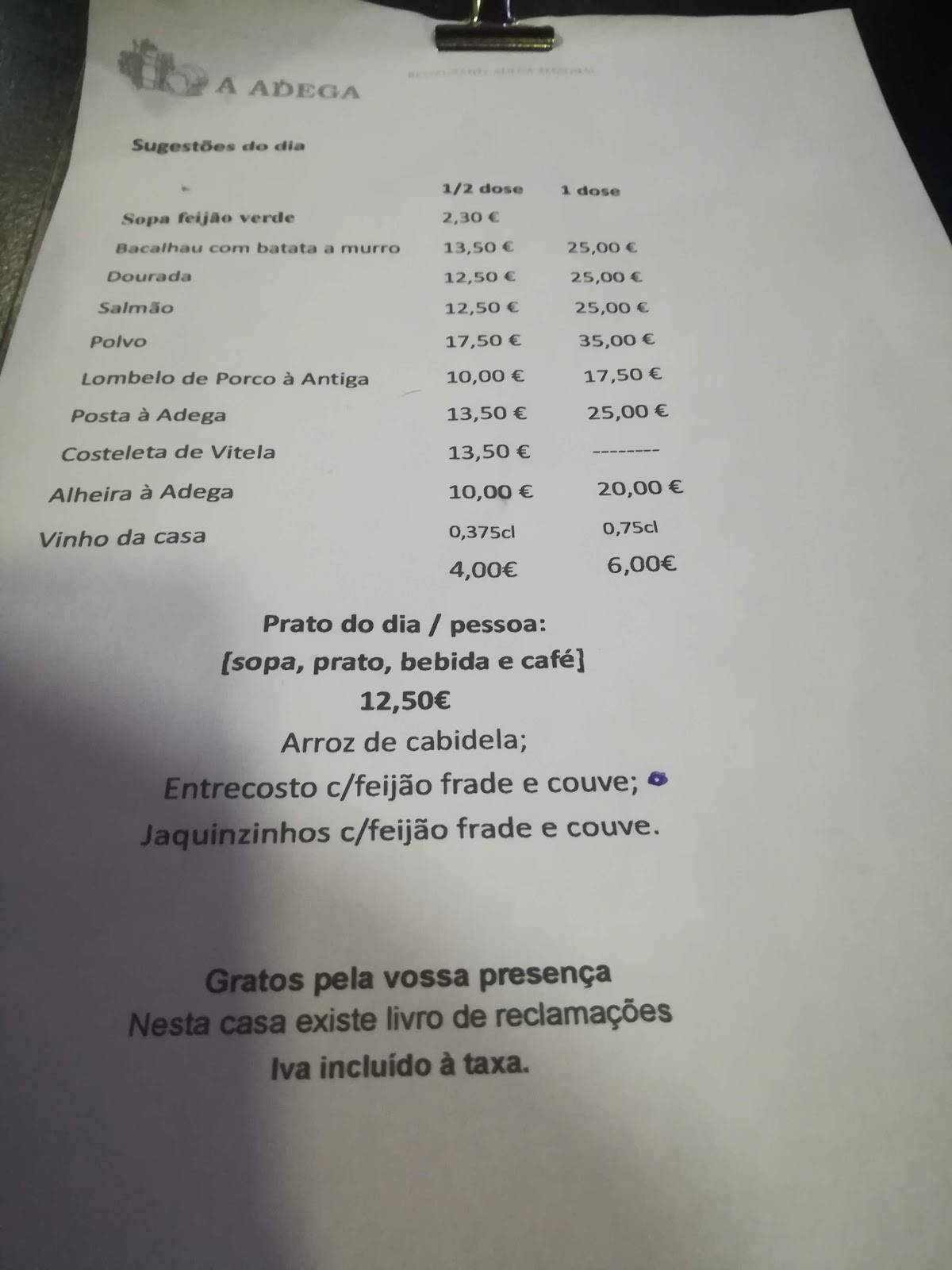 Menu em A Adega restaurante, Mirandela