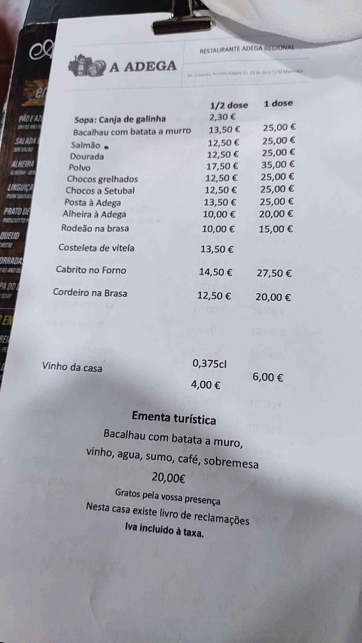 Menu em A Adega restaurante, Mirandela