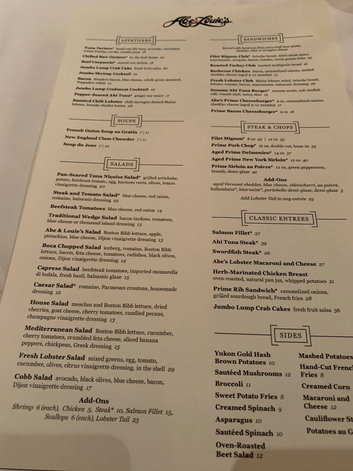 Menu at Abe & Louie's steakhouse, Boca Raton, Glades Rd