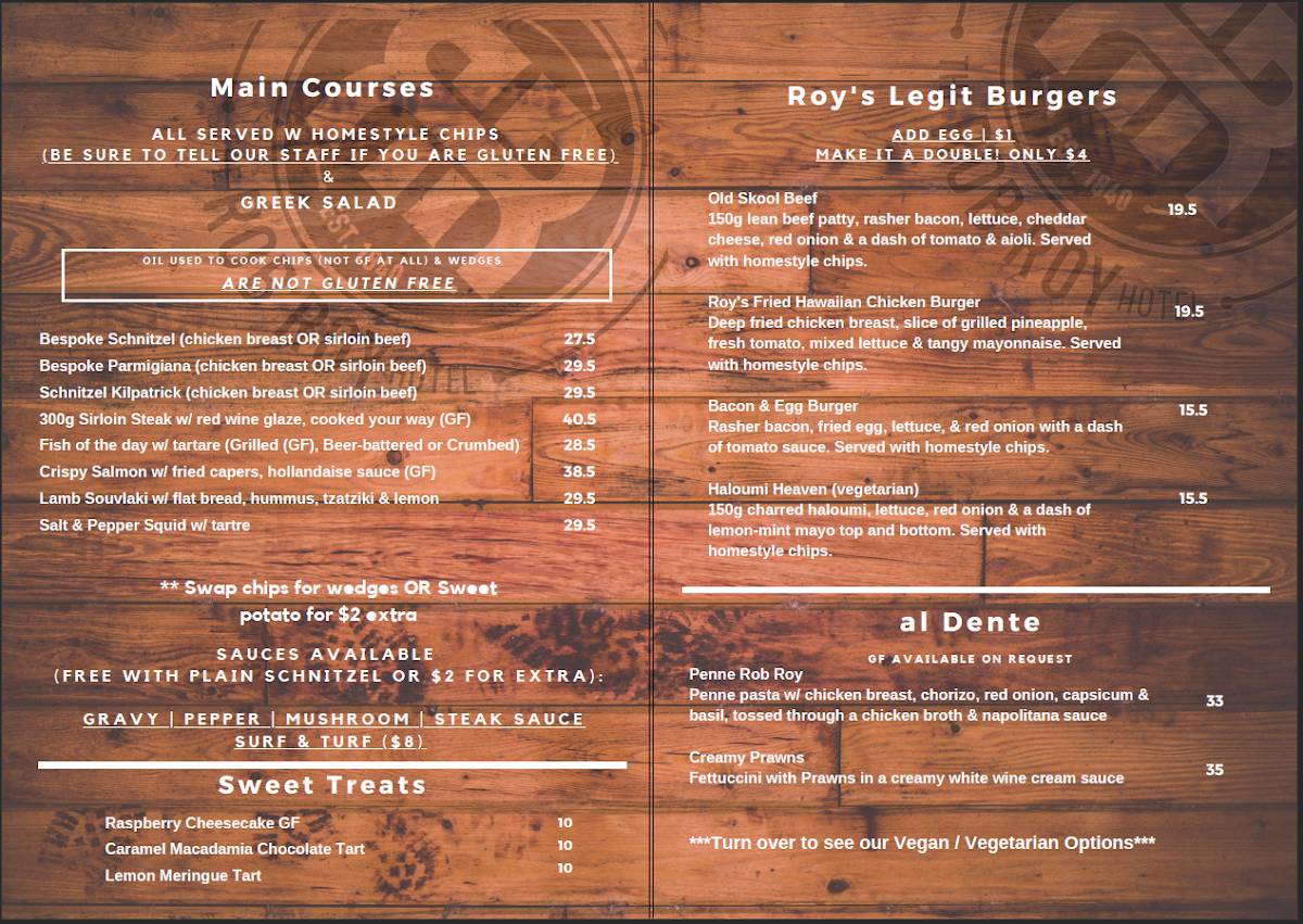 Menu at Rob Roy Hotel pub & bar, Adelaide