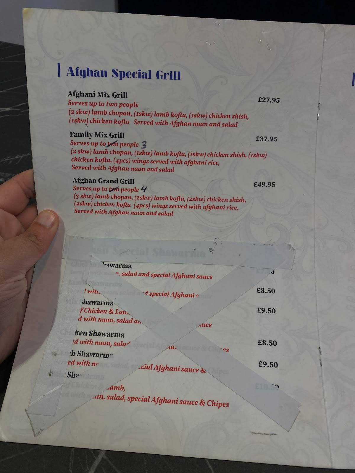 Menu at Afghan Grill restaurant, London
