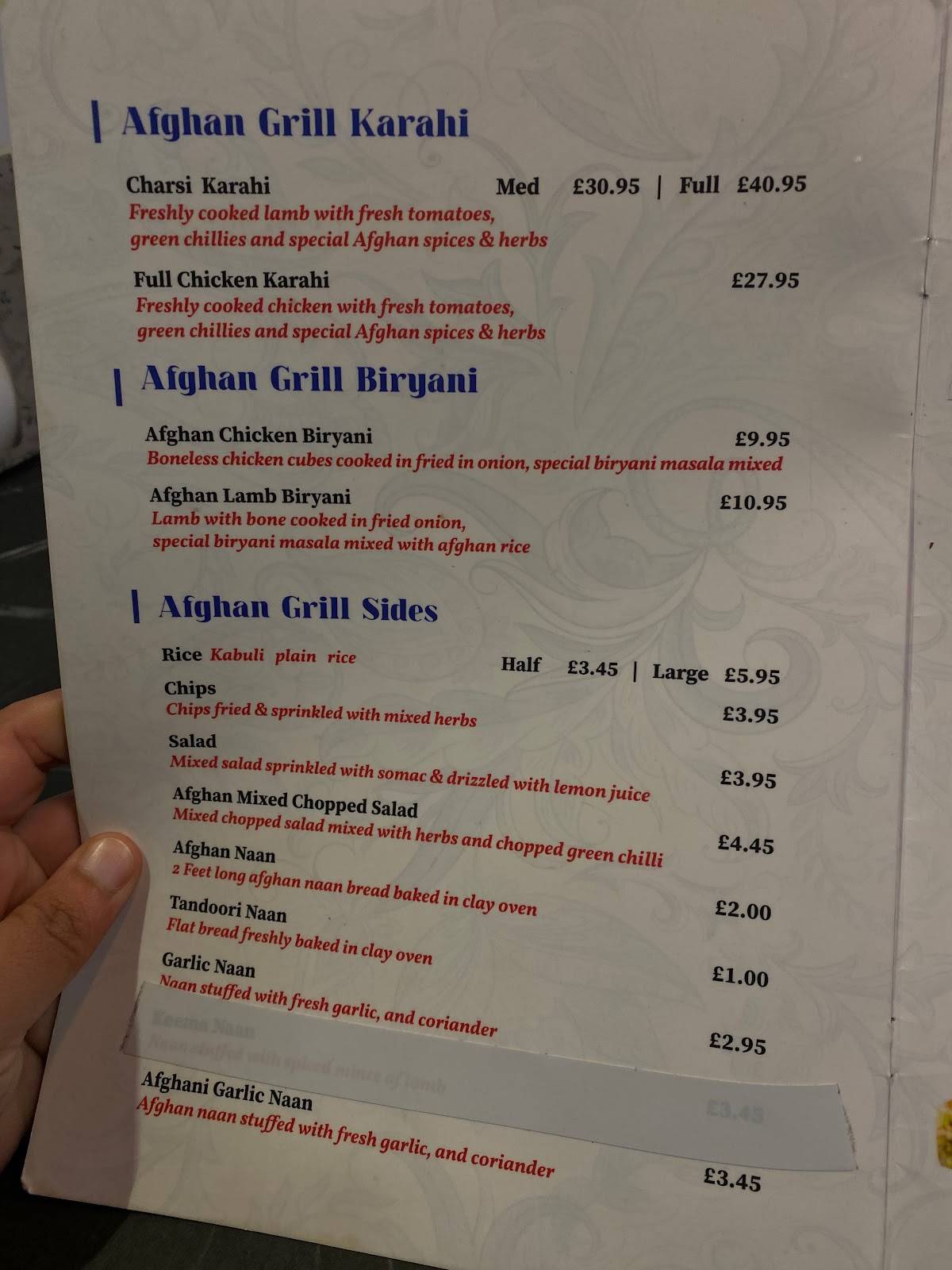 Menu at Afghan Grill restaurant, London