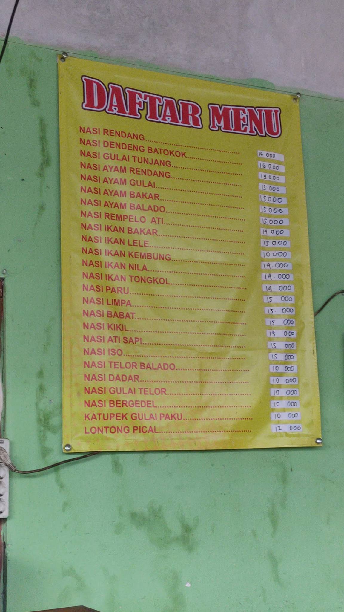 Menu at Agam Jaya restaurant, Yogyakarta