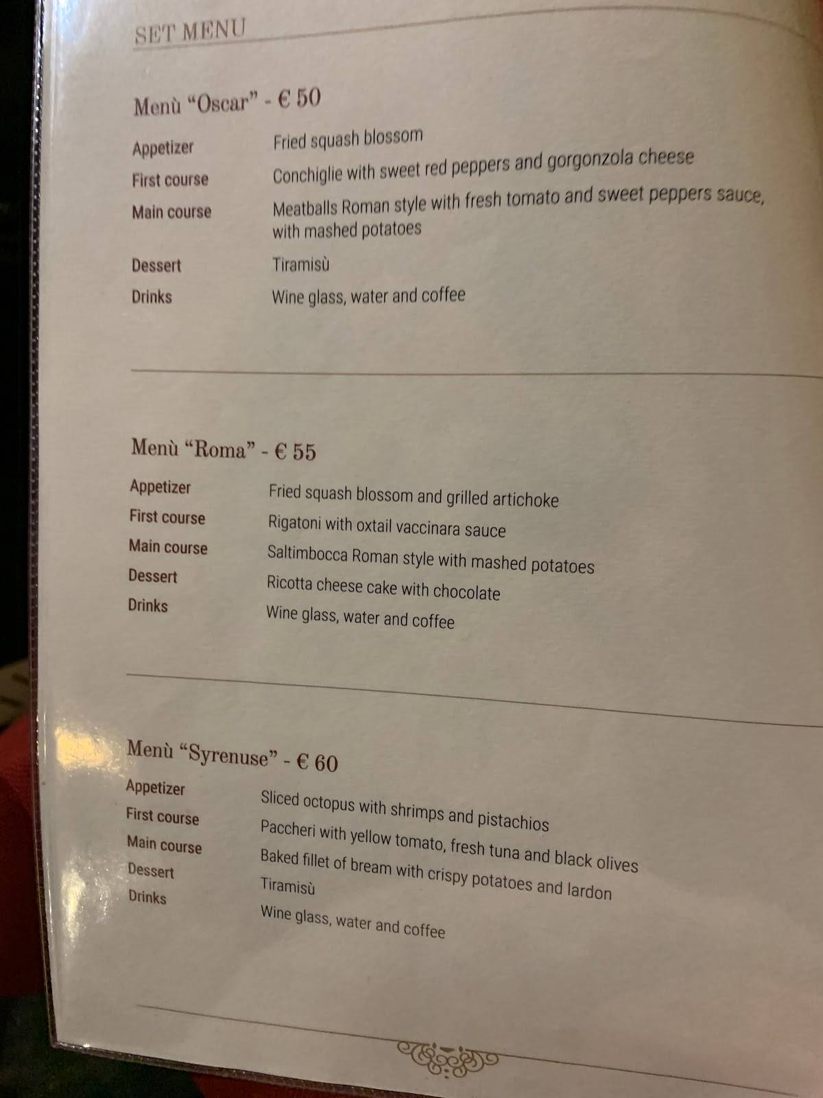 Menu at Al 34 restaurant, Rome