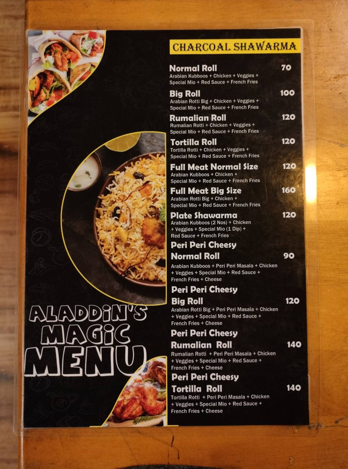 Menu at Aladdin restaurant, Kollam