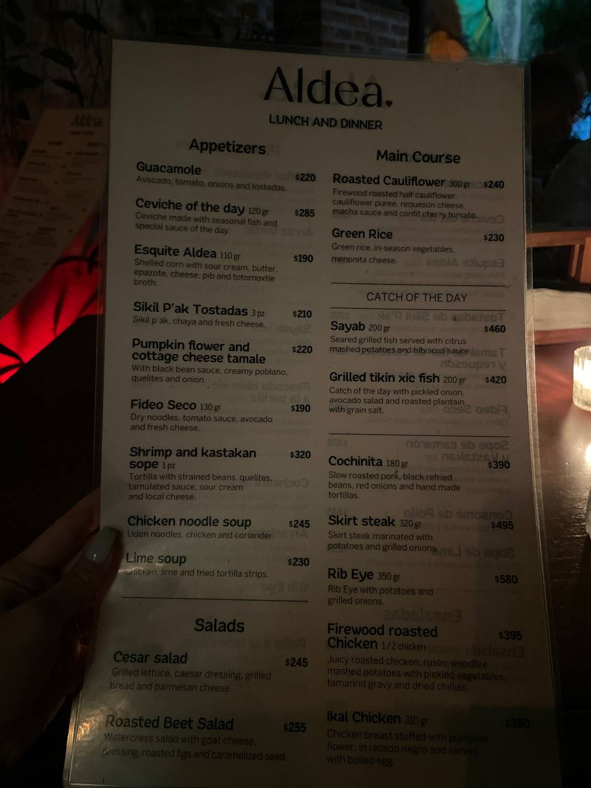 Menu at Aldea Corazón restaurant, Playa del Carmen, 5 Av. Nte. 5