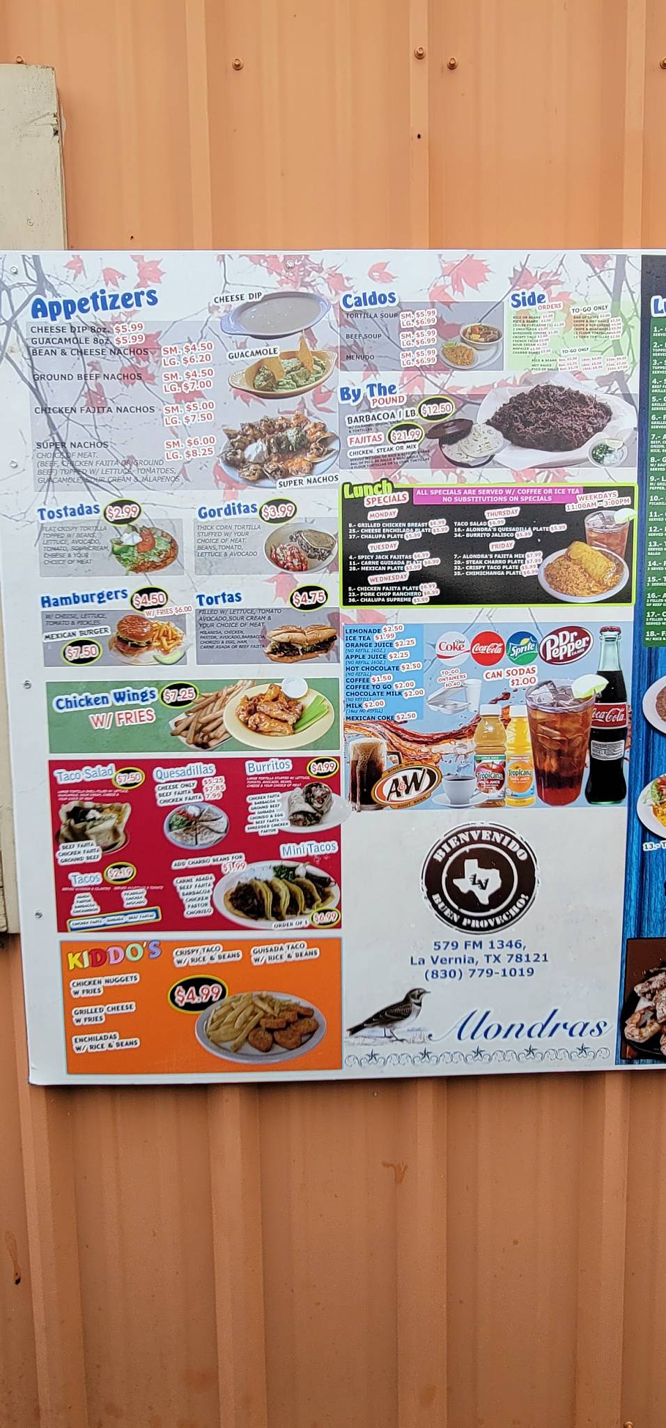 Menu at Alondra's Mexican Restaurant, La Vernia