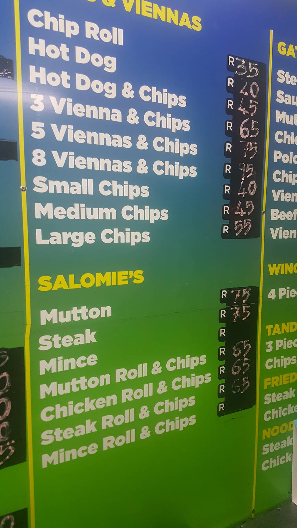 Menu au Altaf Chicken Tikka restaurant, Le Cap