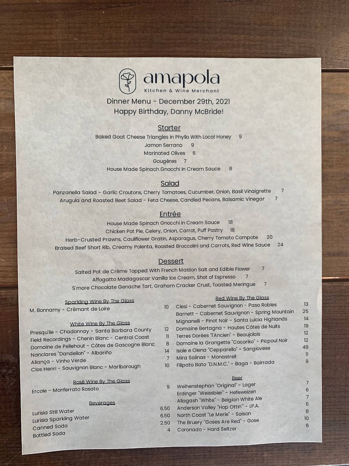 Menu at Amapola Kitchen and Wine Merchant restaurant, Salinas