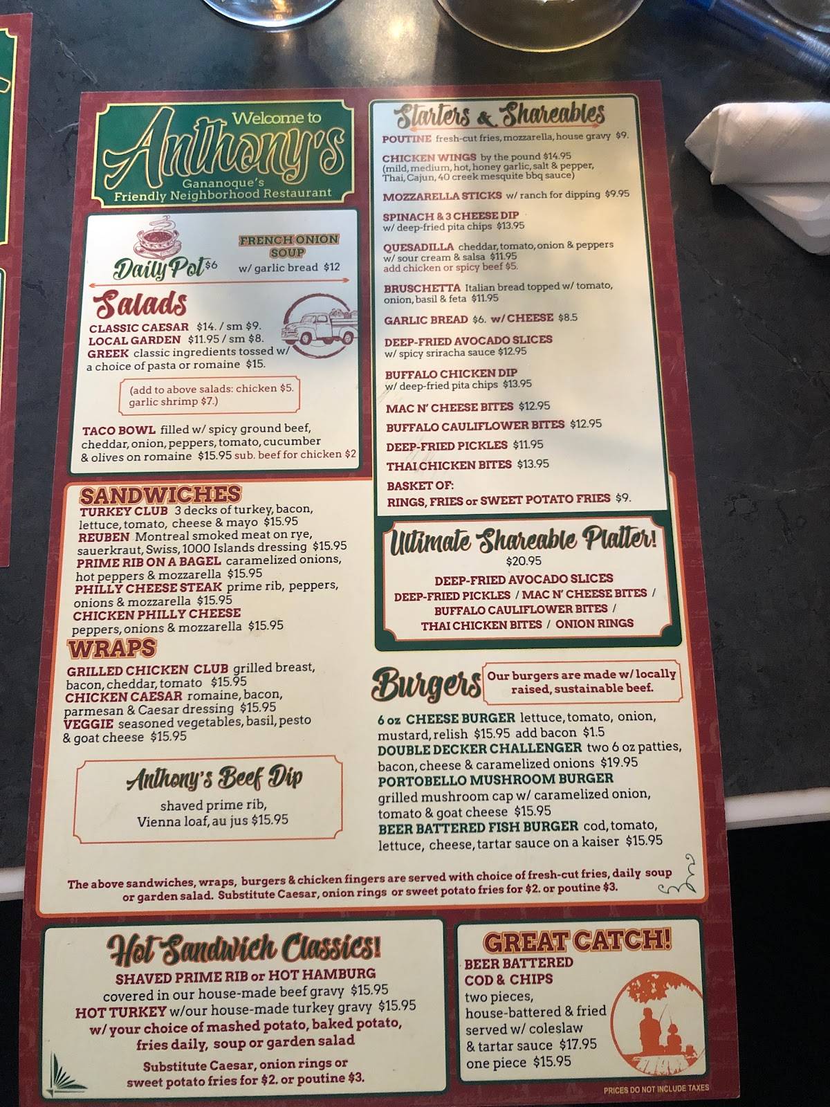 Menu at Anthony's restaurant, Gananoque