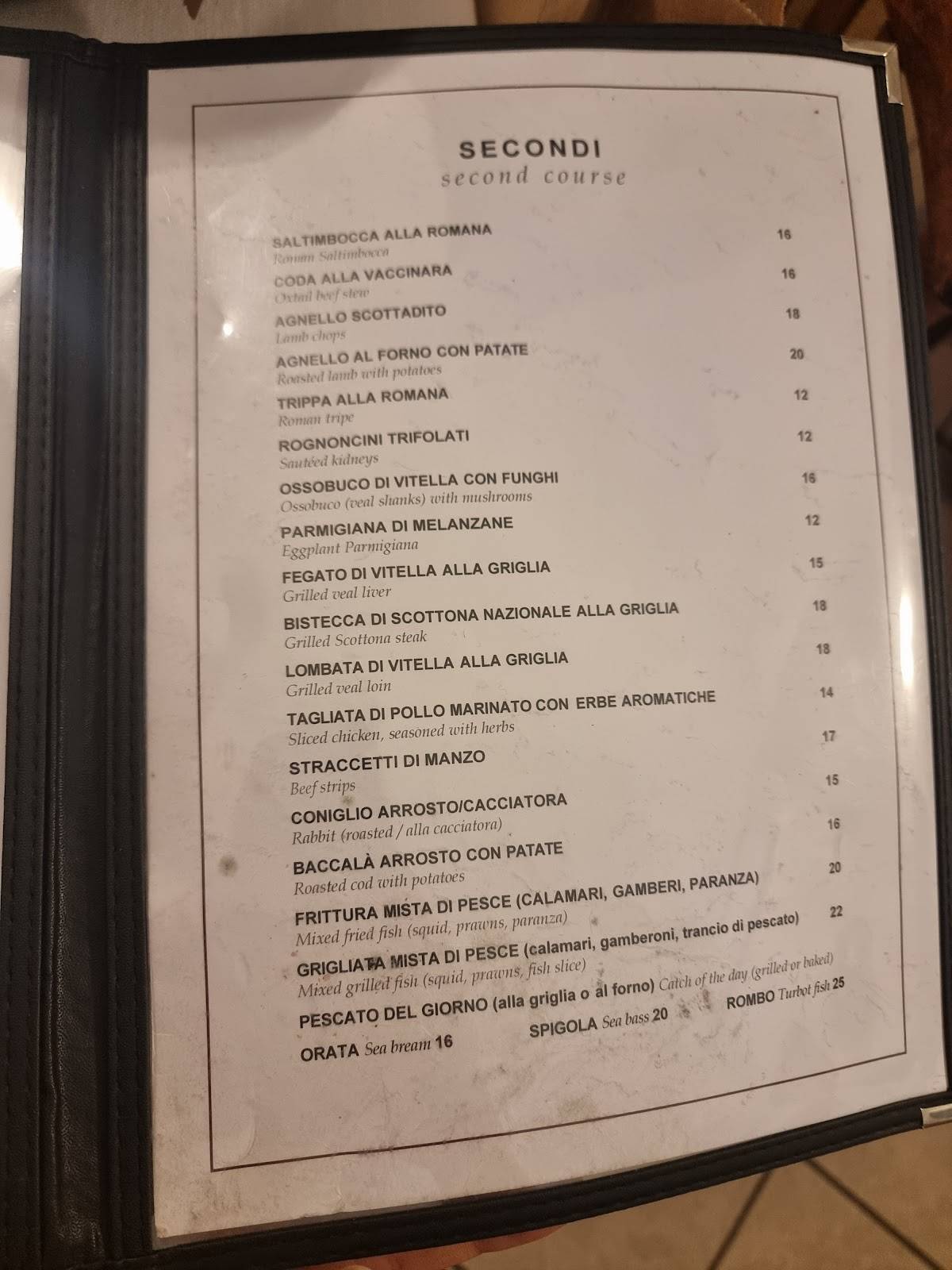 Menu at Antica Boheme restaurant, Rome, Via Napoli