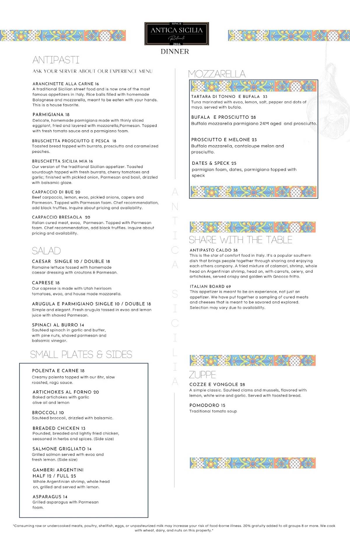 Menu at Antica Sicilia restaurant, Salt Lake City