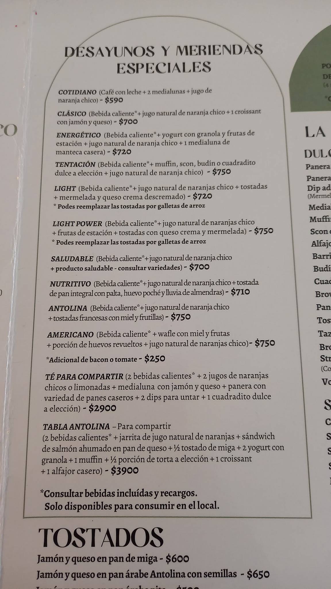 Carta de cafetería Antolina, San Antonio de Padua