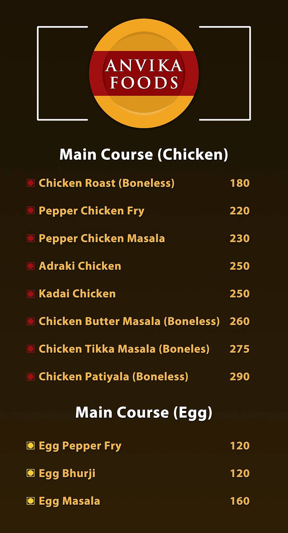 Menu at Anvika Foods, Bengaluru