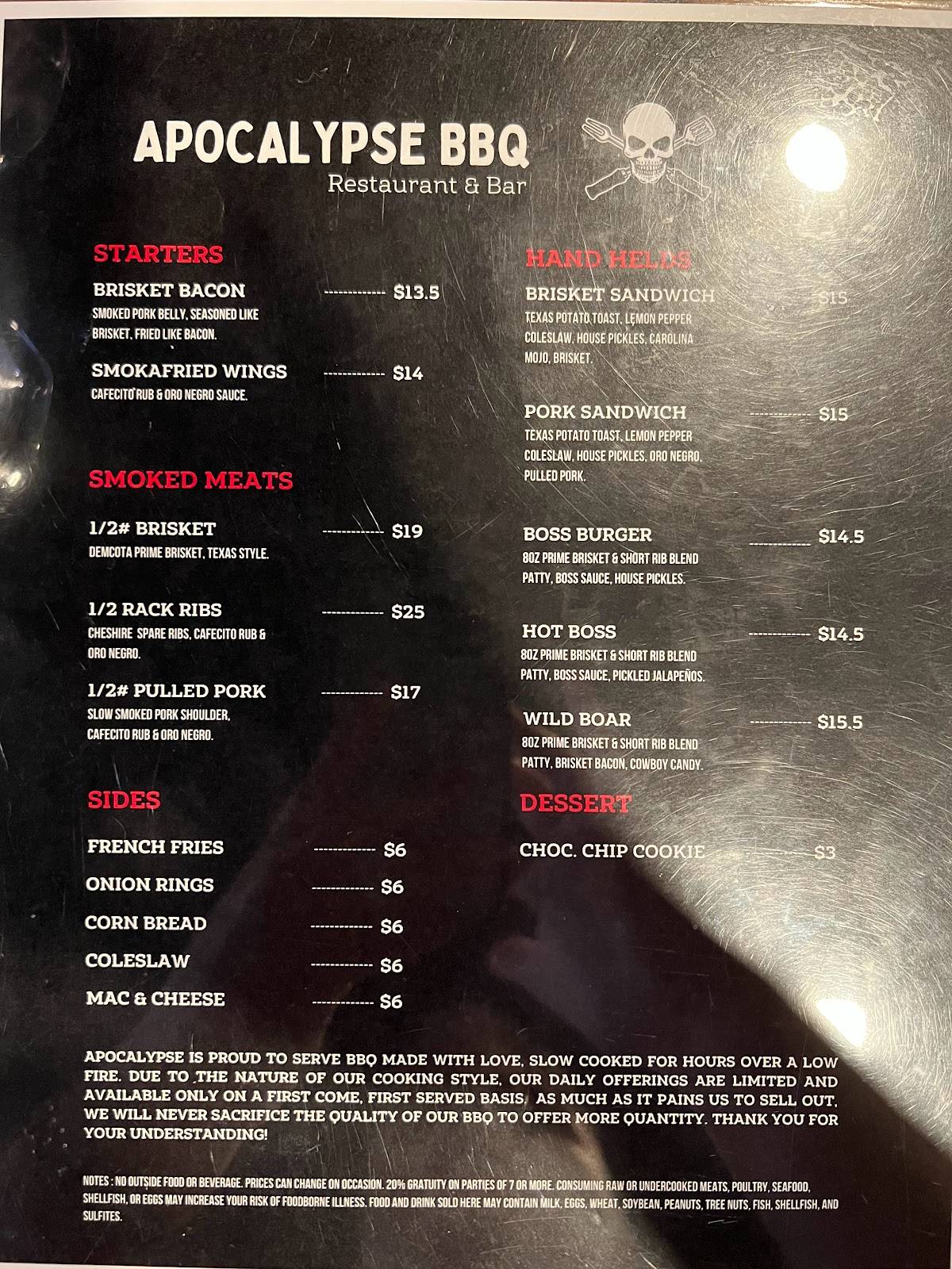 Menu at Apocalypse BBQ, Miami, SW 104th St