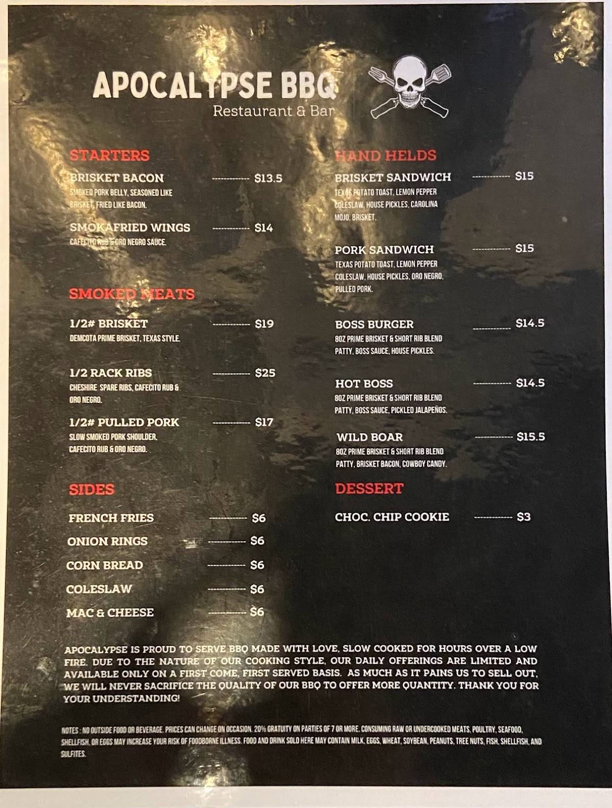 Menu at Apocalypse BBQ, Miami, SW 104th St