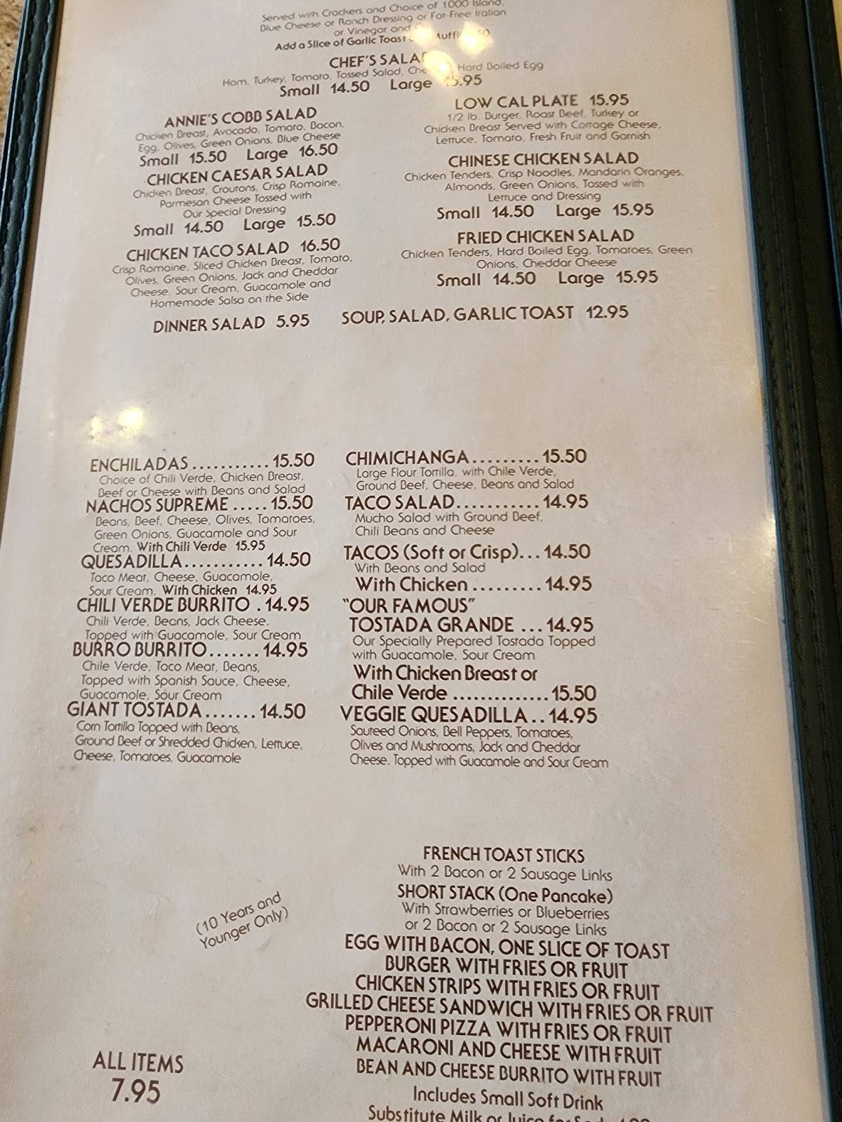 Menu at Apple Annie's restaurant, Tulare