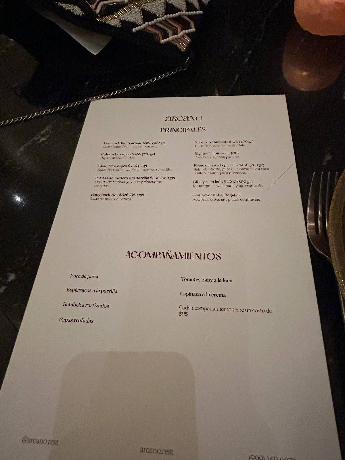 Carta del restaurante Arcano, Merida