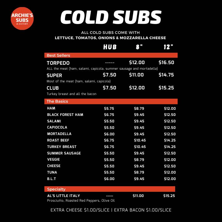 Menu at Archie's Subs and Eatery restaurant, Port Colborne