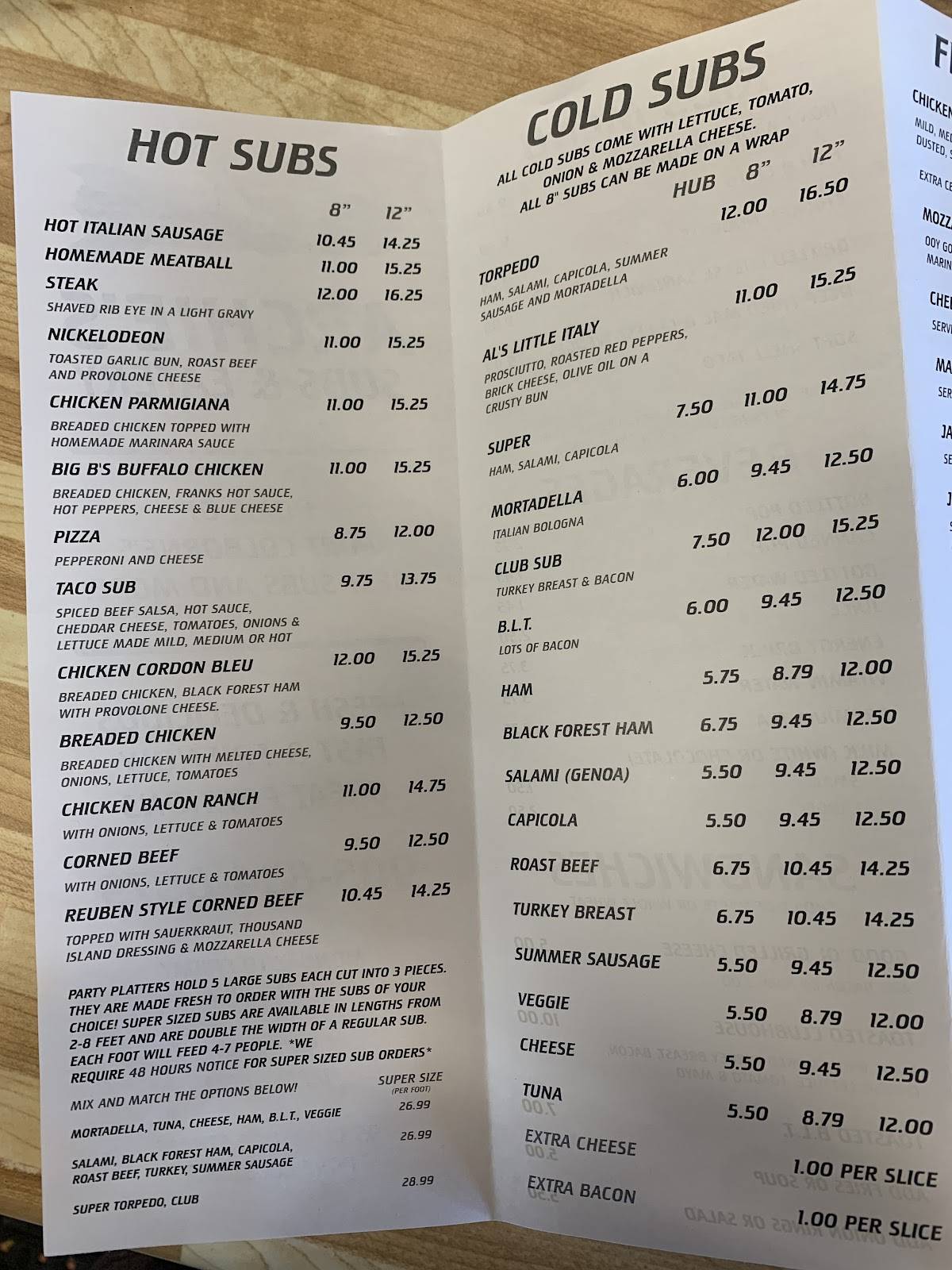 Menu at Archie's Subs and Eatery restaurant, Port Colborne