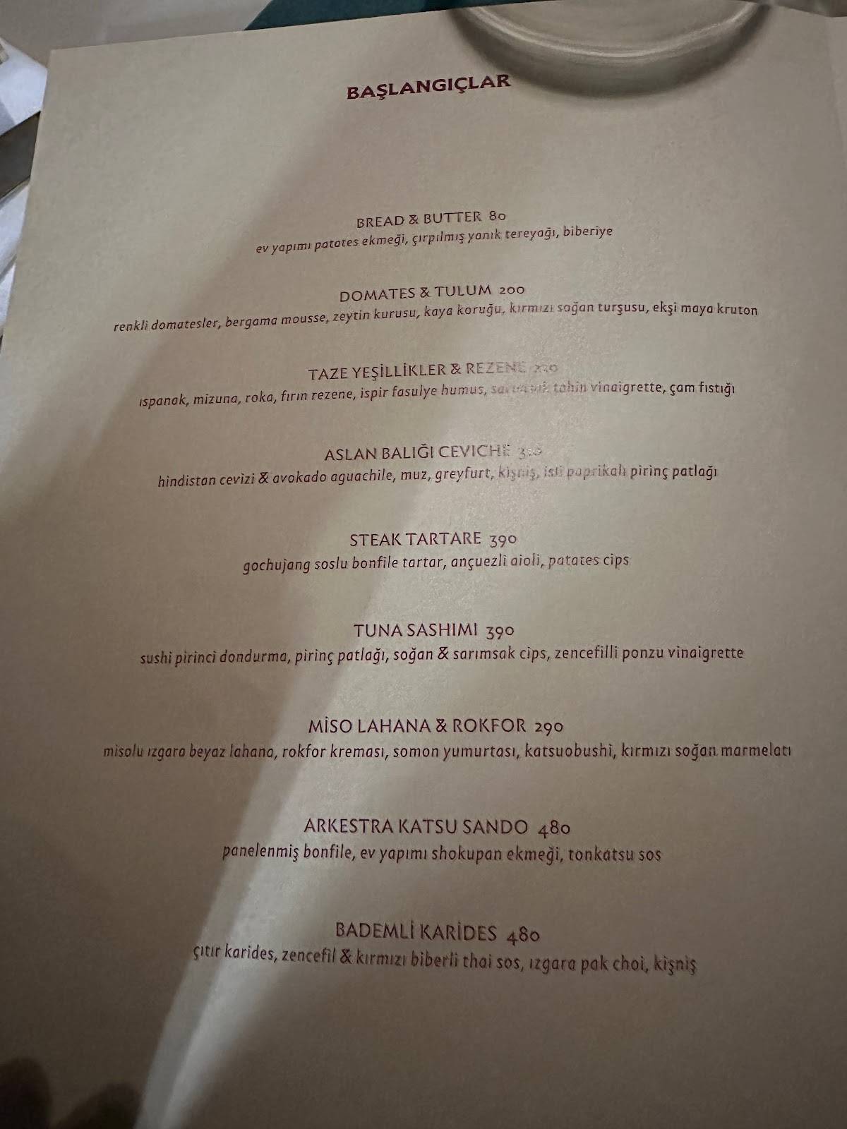 Menu at Arkestra, Istanbul, Dilhayat Sk. No:28