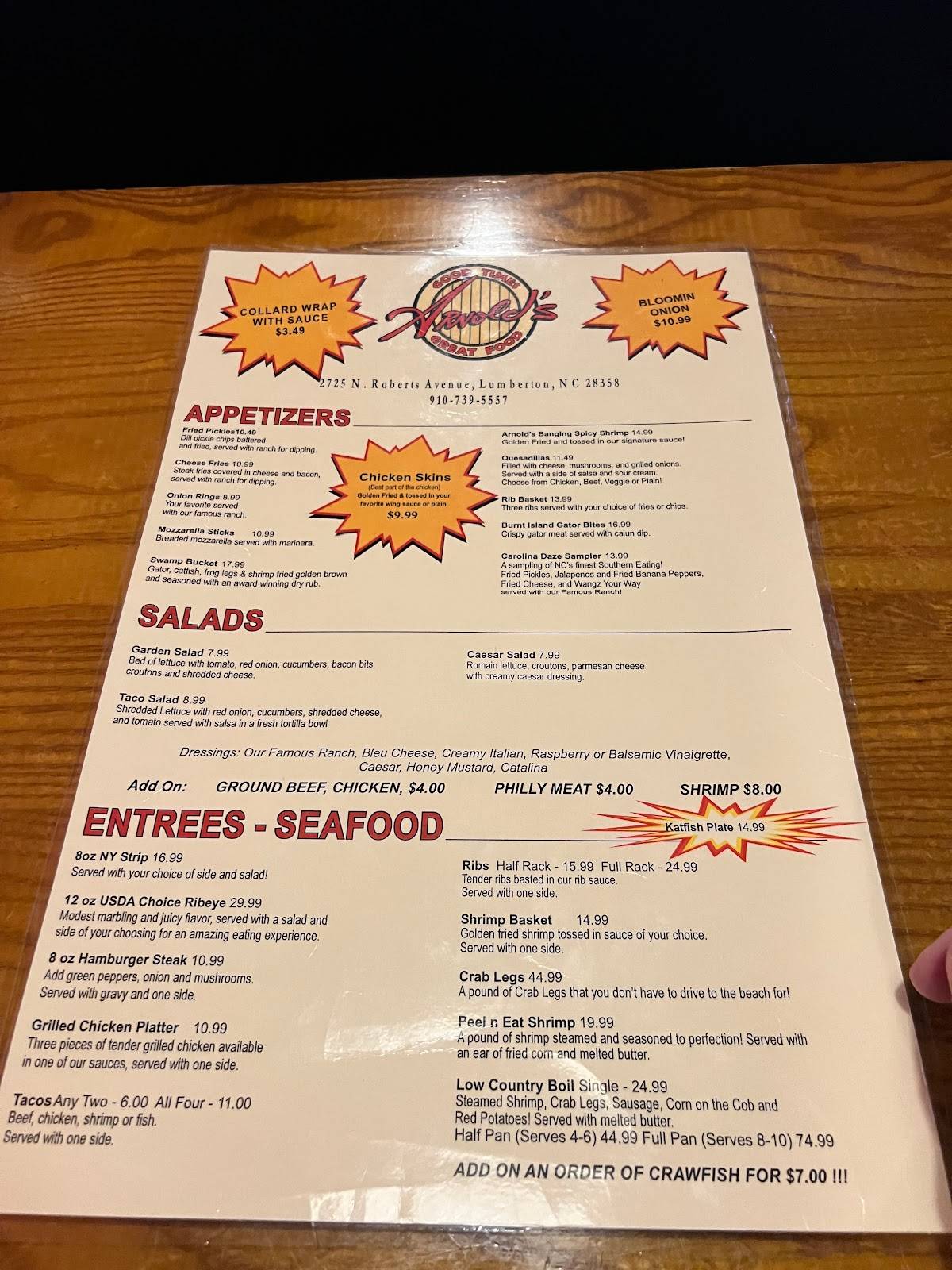 Menu at Arnold's Restaurant, Lumberton, N Roberts Ave