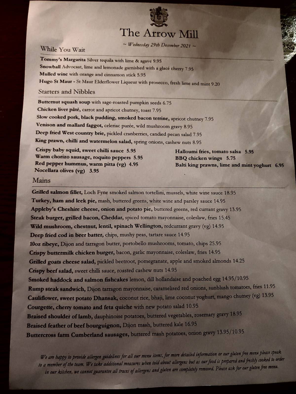 Menu at Arrow Mill pub & bar, Alcester, Arrow