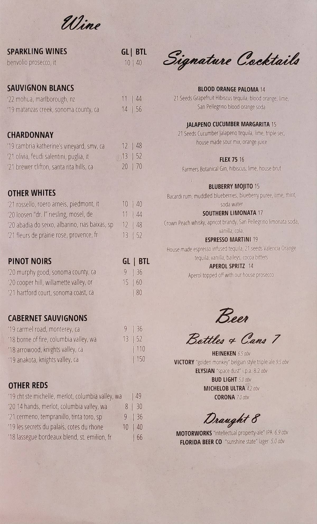 Menu at Artisan's Table restaurant, Orlando