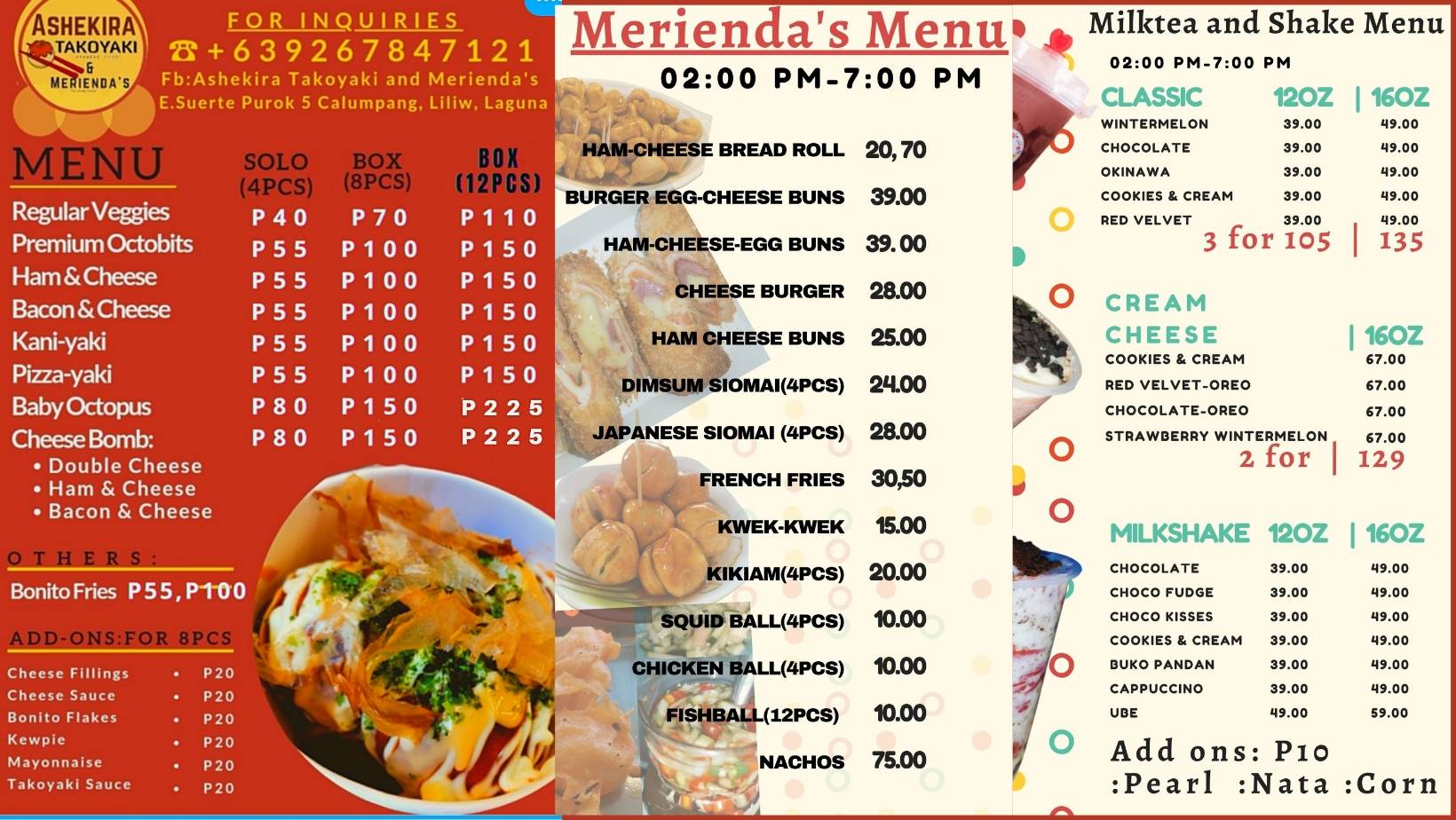 Menu at Ashekira Takoyaki and Merienda's restaurant, Liliw