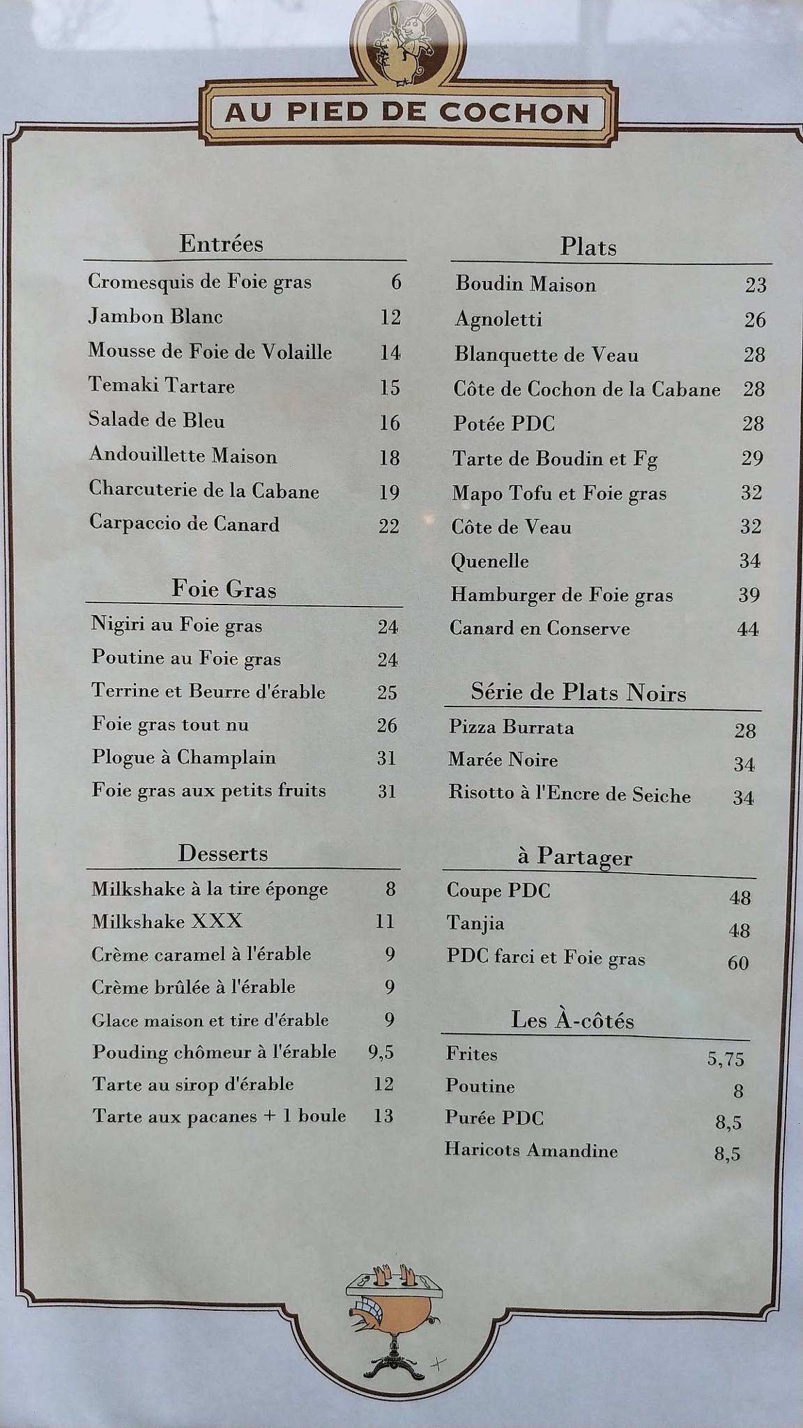 Menu au Au Pied de Cochon restaurant, Montréal, 536 Av. Duluth E