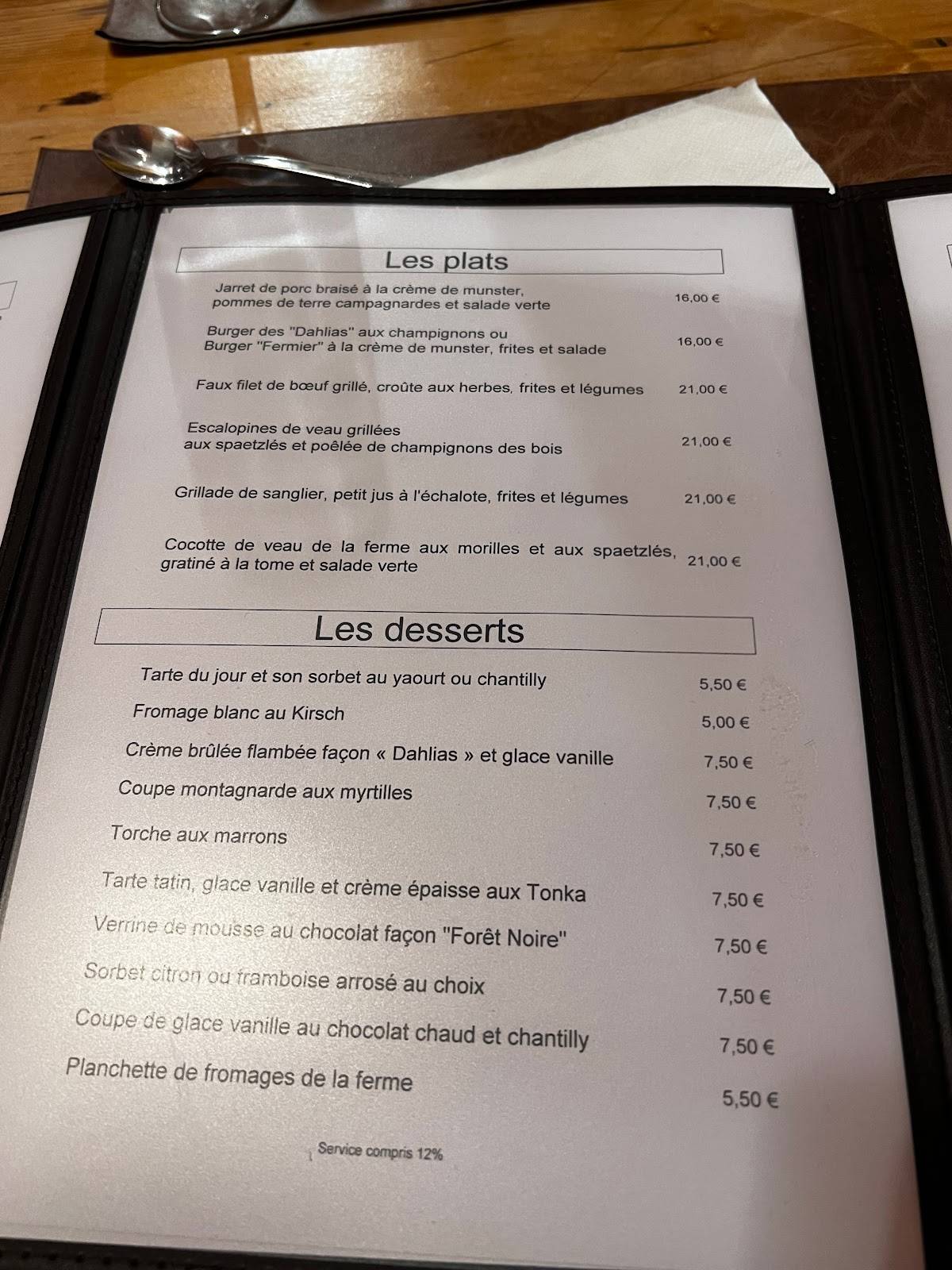 Menu au Auberge de La Ferme des Dahlias restaurant, Berrwiller