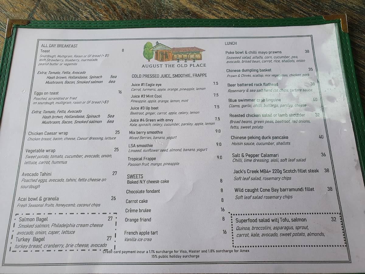 Menu at August The Old Place Mosman cafe, Mosman