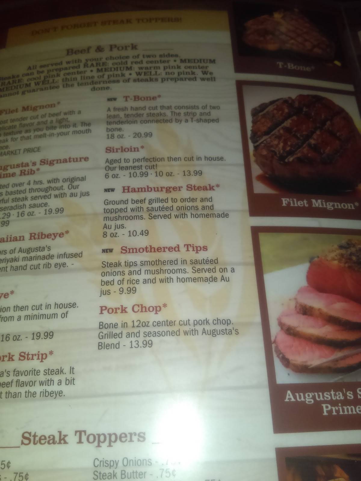 Menu at Augusta's Sports Grill pub & bar, Cullman