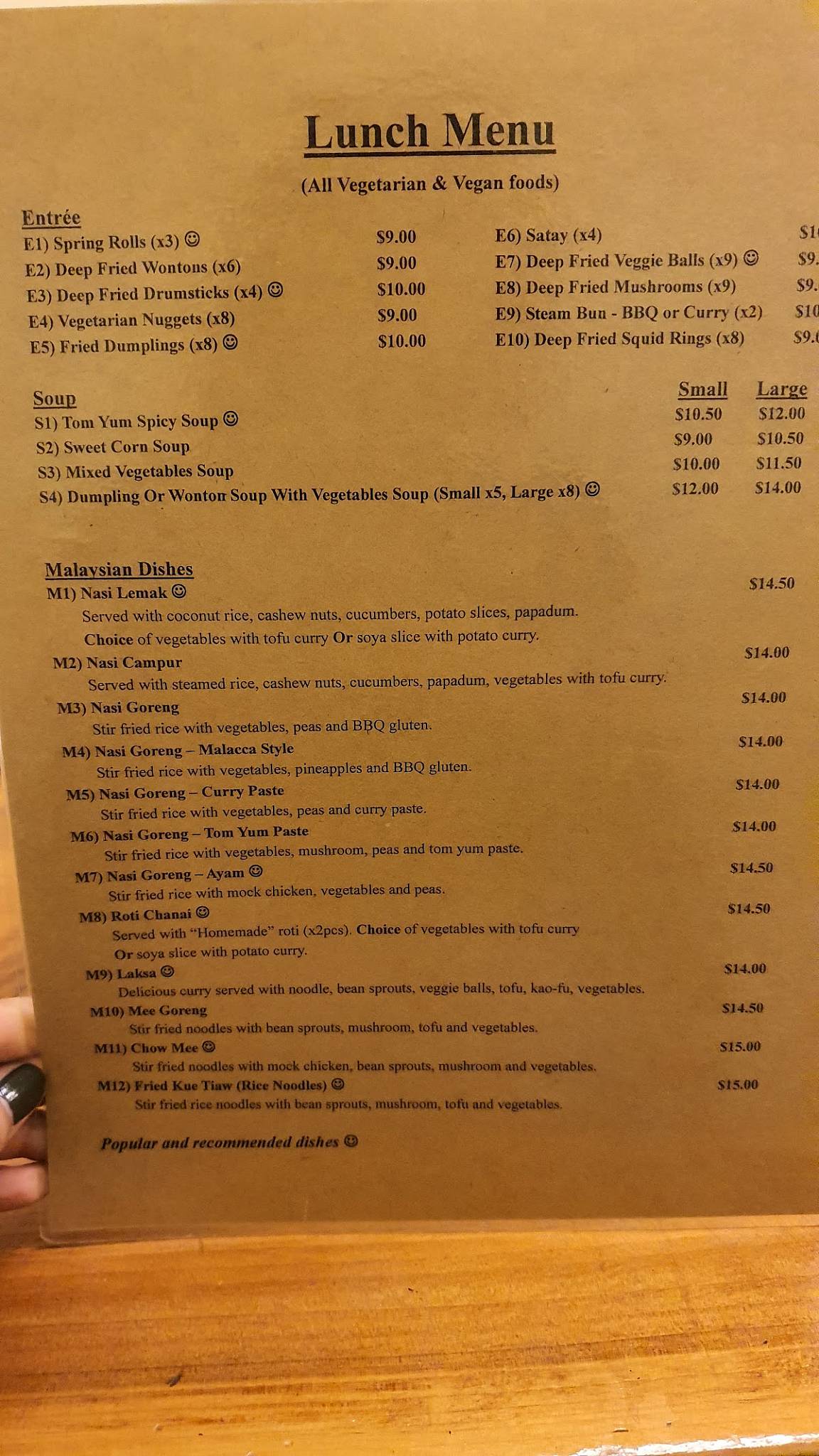 Menu at Aunty Mena's Vegetarian Restaurant & Cafe, Wellington