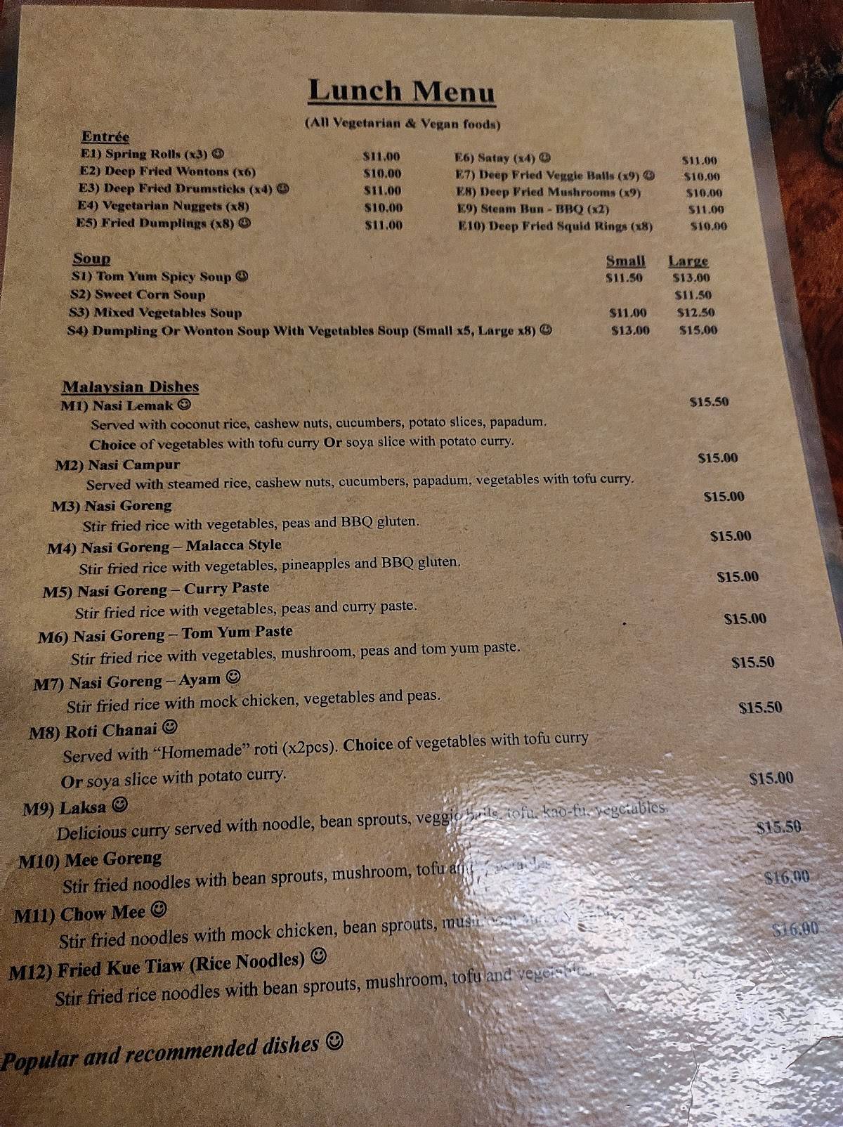Menu at Aunty Mena's Vegetarian Restaurant & Cafe, Wellington