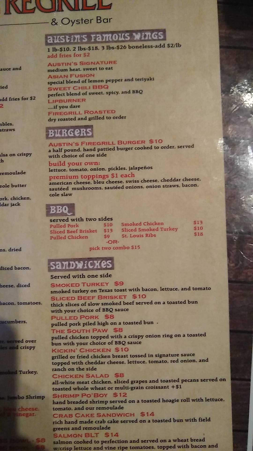 Menu at Austin's Firegrill & Oyster Bar, Albany