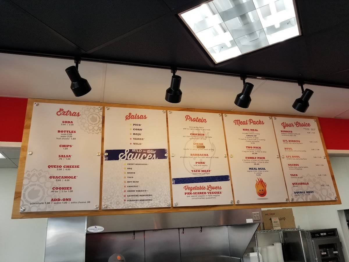 Menu at Hot Head Burritos fast food, Austintown, Mahoning Ave