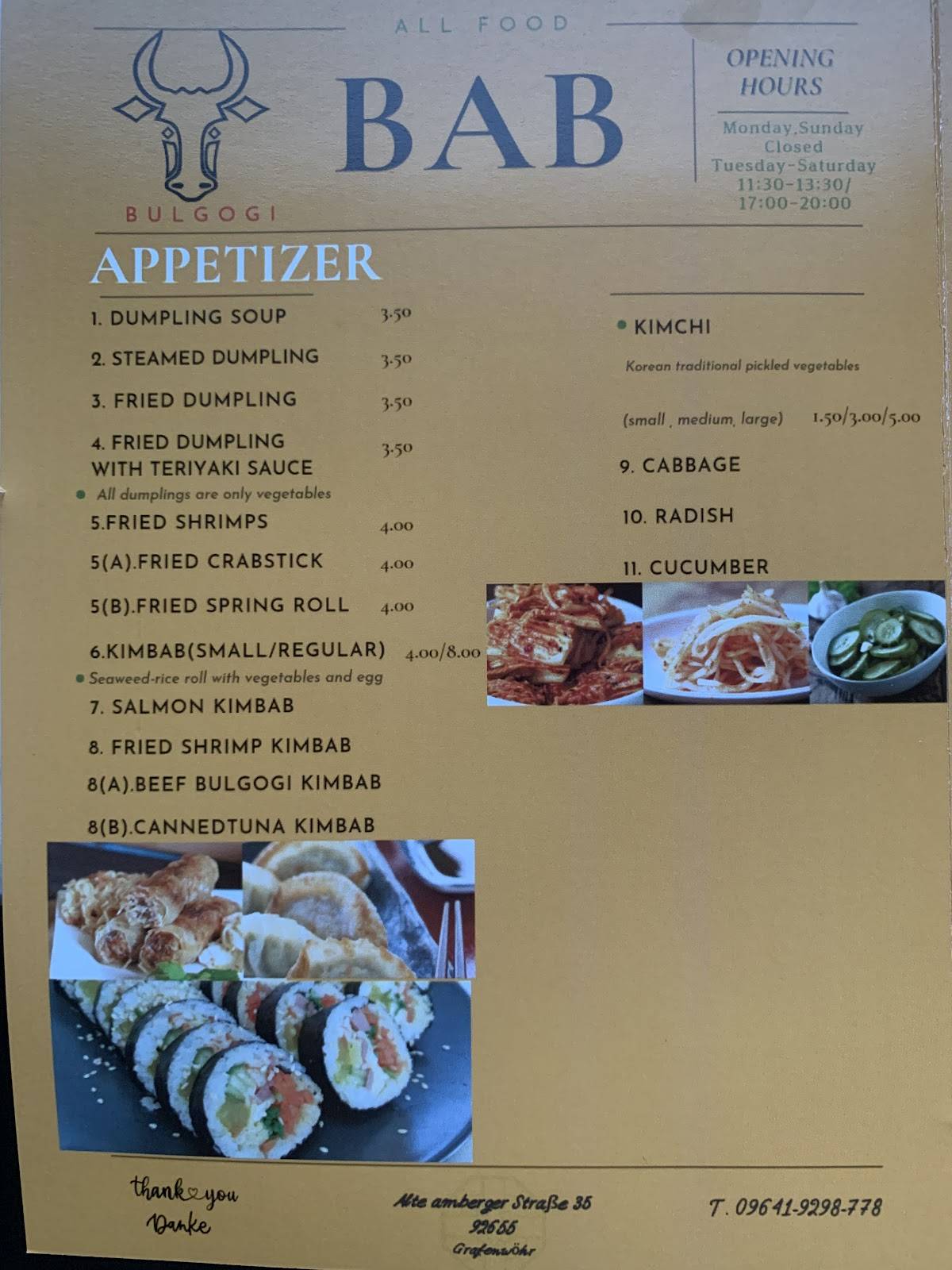 Menu at BAB Korean Restaurant, Grafenwöhr