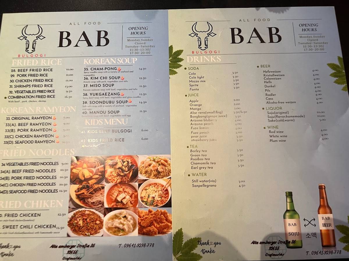Menu at BAB Korean Restaurant, Grafenwöhr