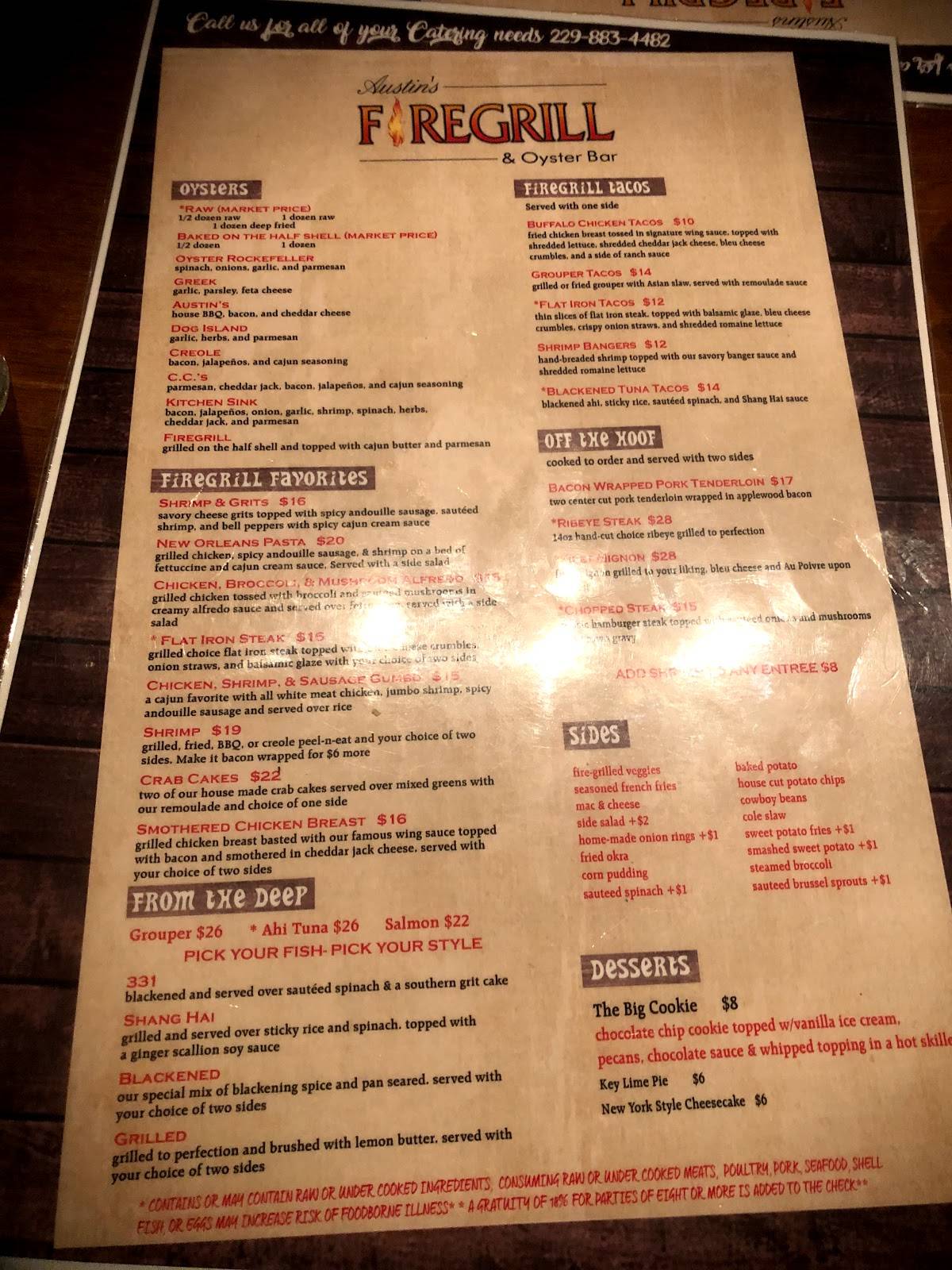 Menu at Austin's Firegrill & Oyster Bar, Albany