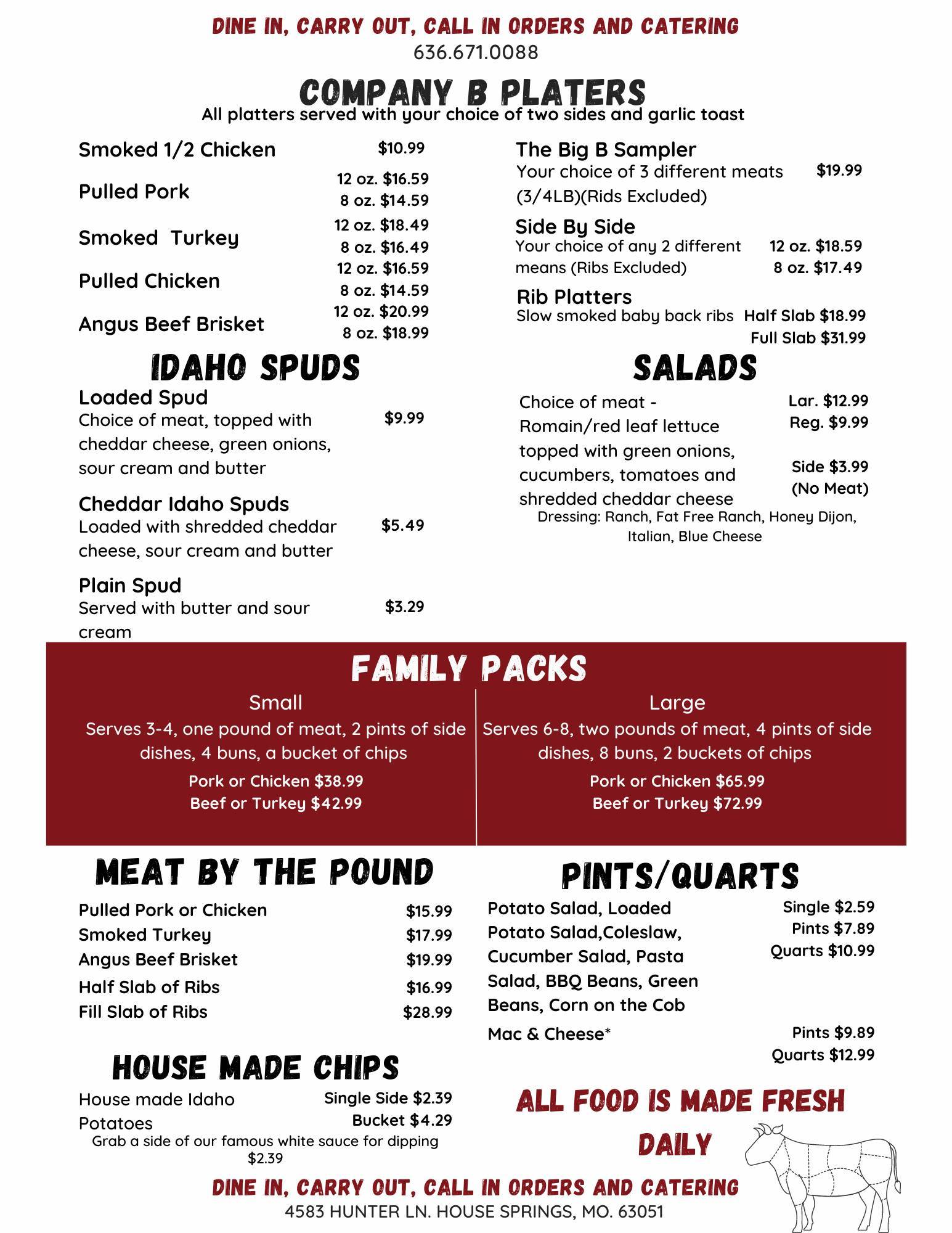Menu at Company B Bbq, Byrnes Mill