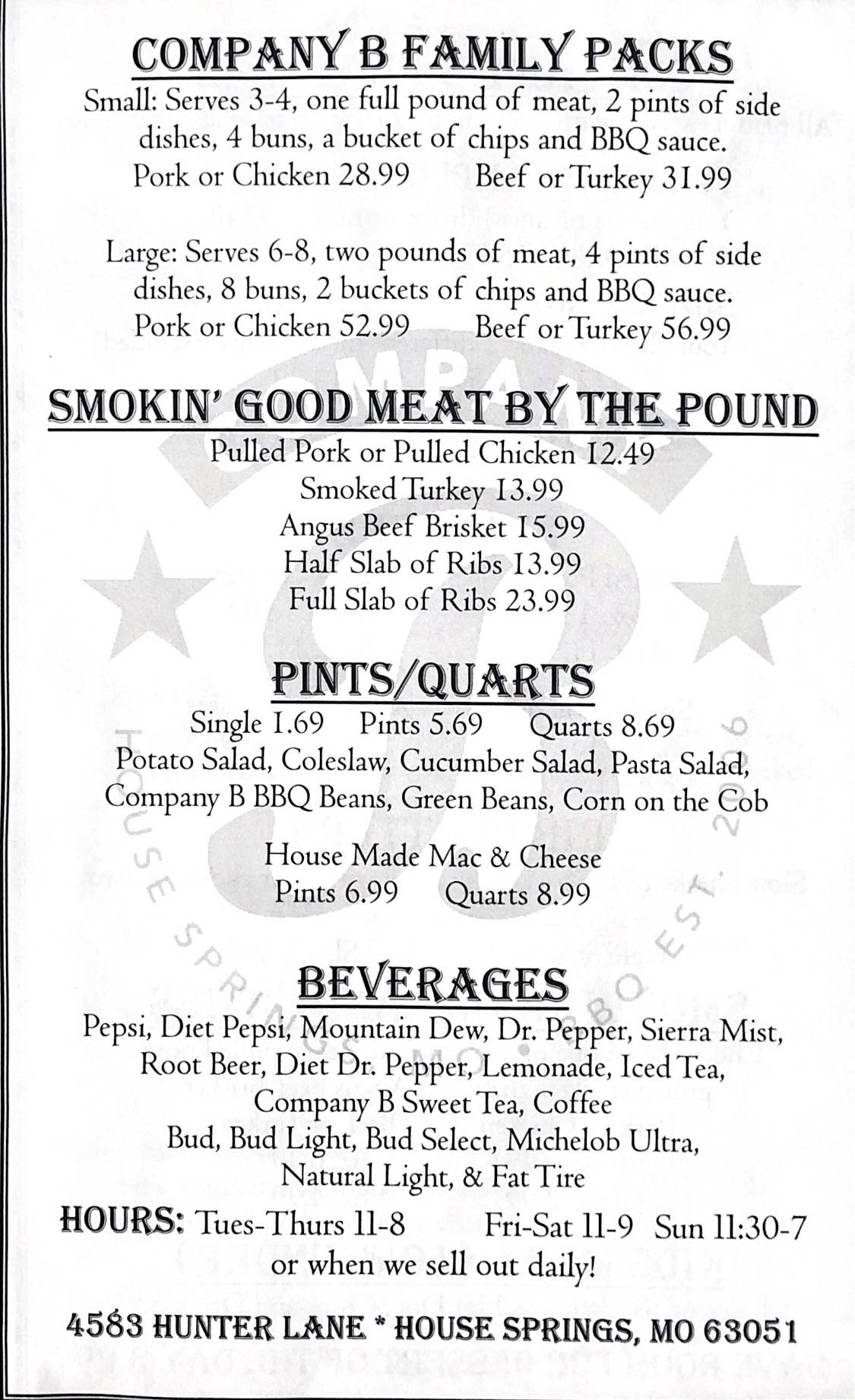 Menu at Company B Bbq, Byrnes Mill