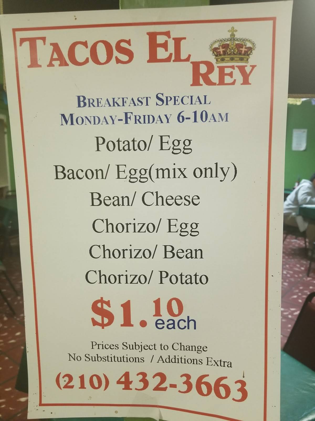 Menu at Tacos El Rey restaurant, San Antonio, Castroville Rd
