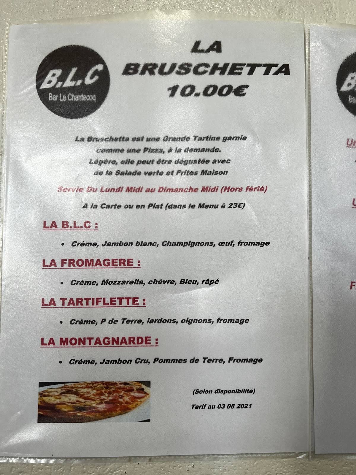 Menu au BLC Bar Le Chantecoq Restaurant FDJ PMU MULTI SERVICES, Chantecoq