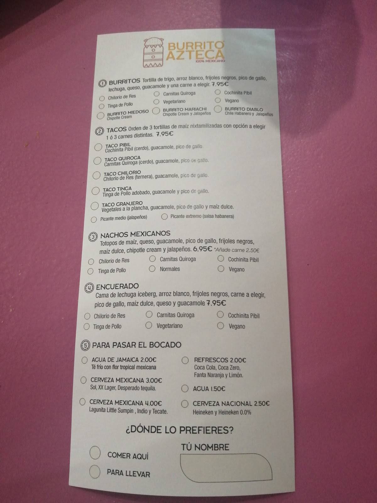 Menu at BURRITO AZTECA restaurant, Zaragoza, C. de Luis Braille