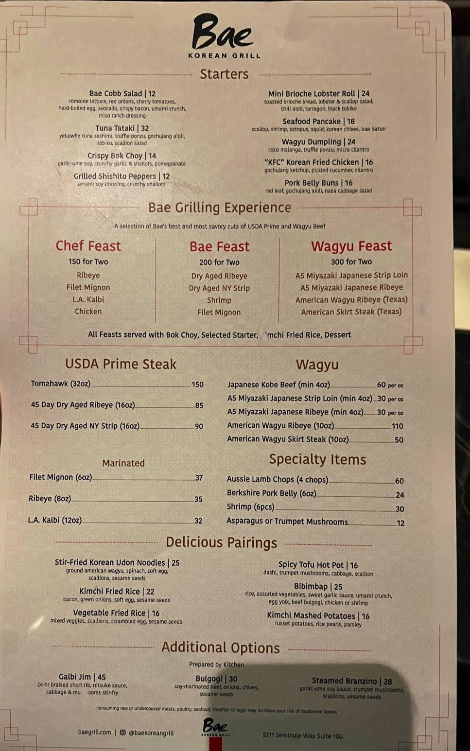 Menu at Bae Korean Grill BBQ, Hollywood