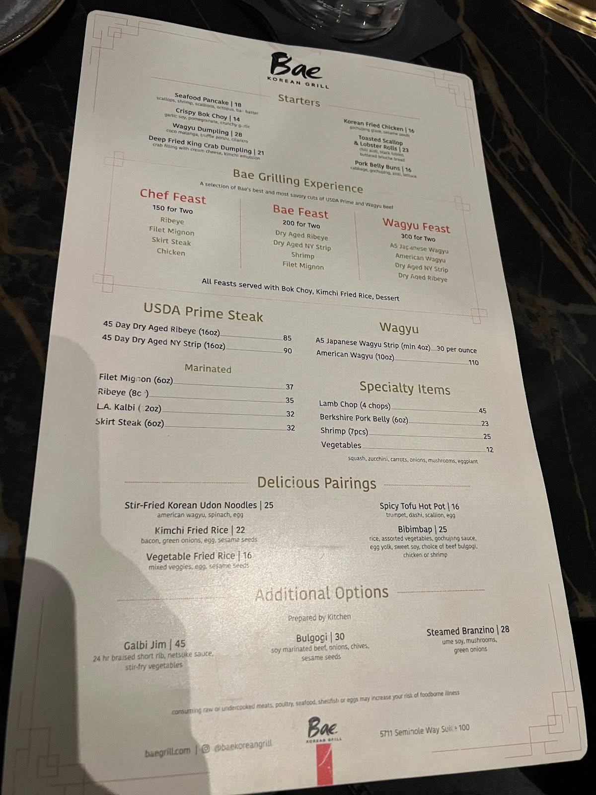 Menu at Bae Korean Grill BBQ, Hollywood