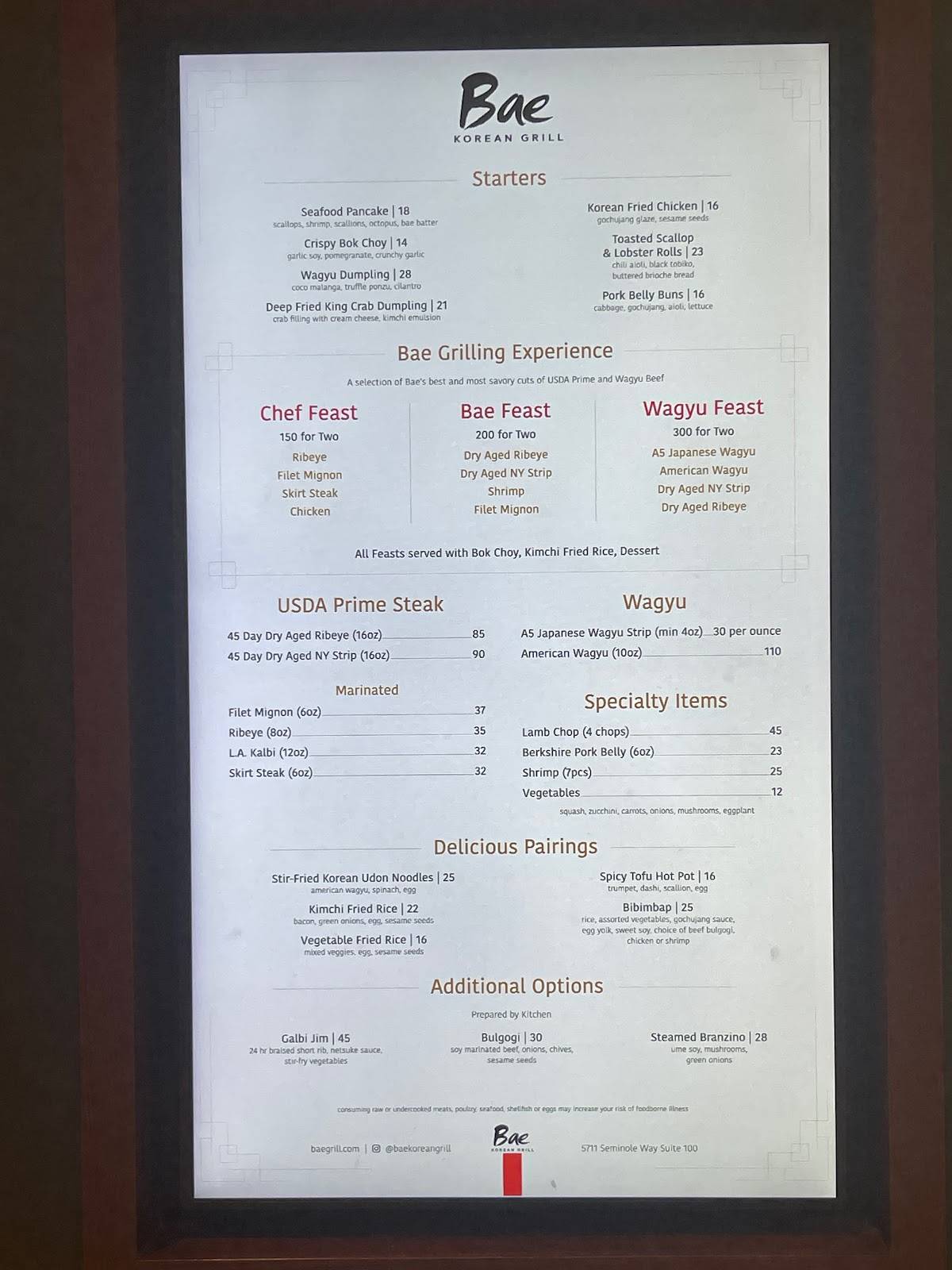 Menu at Bae Korean Grill BBQ, Hollywood