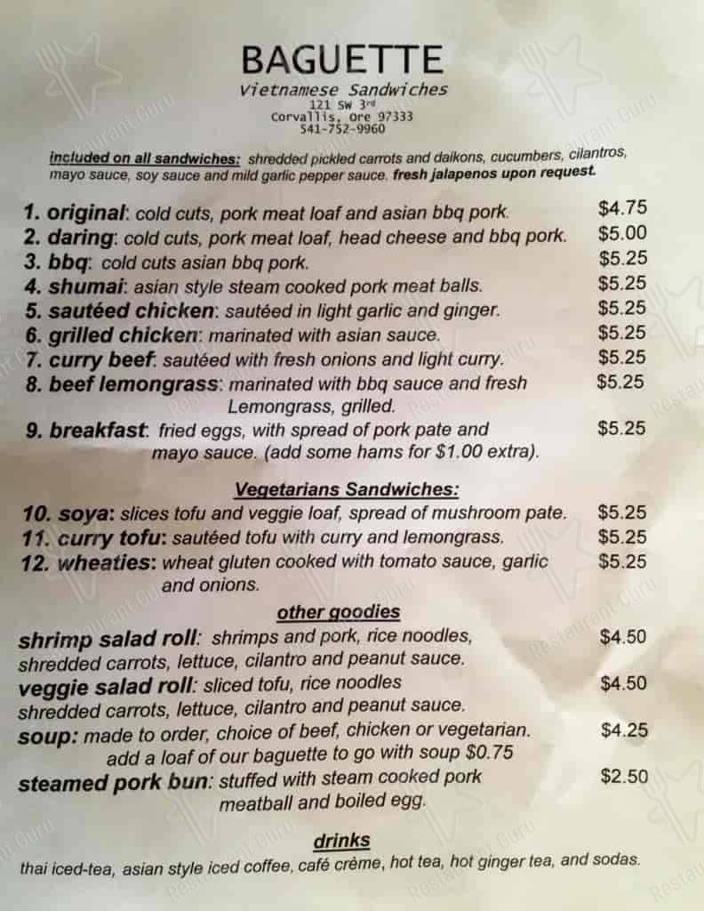 Menu at Baguette Vietnamese Sandwiches restaurant, Corvallis, 121 SW 3rd St