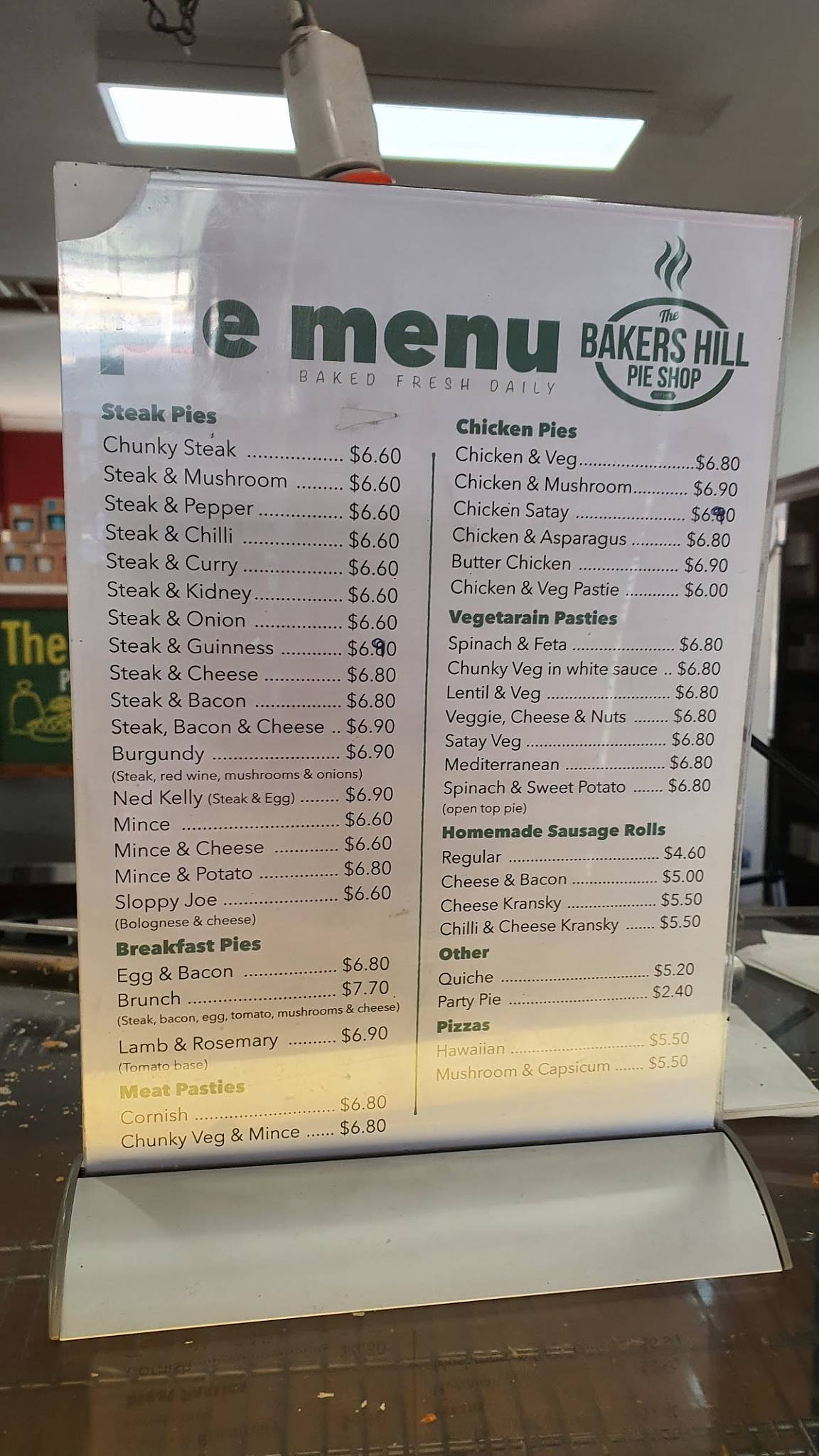 Menu at Bakers Hill Pie Shop restaurant, Bakers Hill